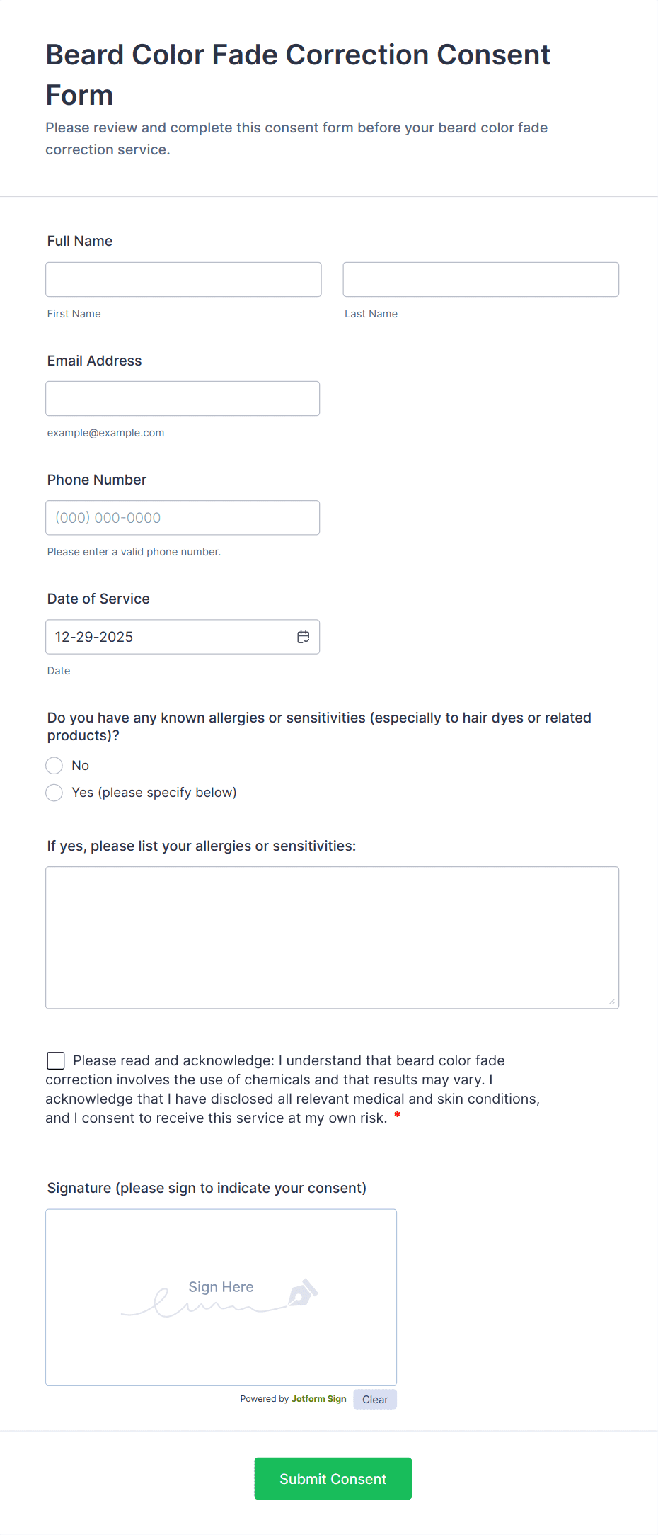 Beard Color Fade Correction Consent Form Template | Jotform