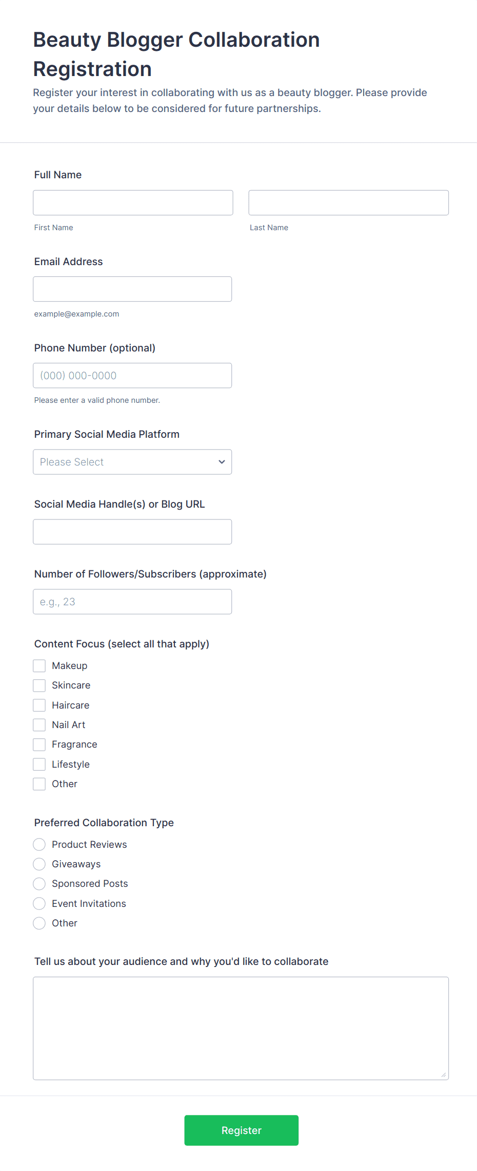 Beauty Blogger Collaboration Registration Form Template | Jotform