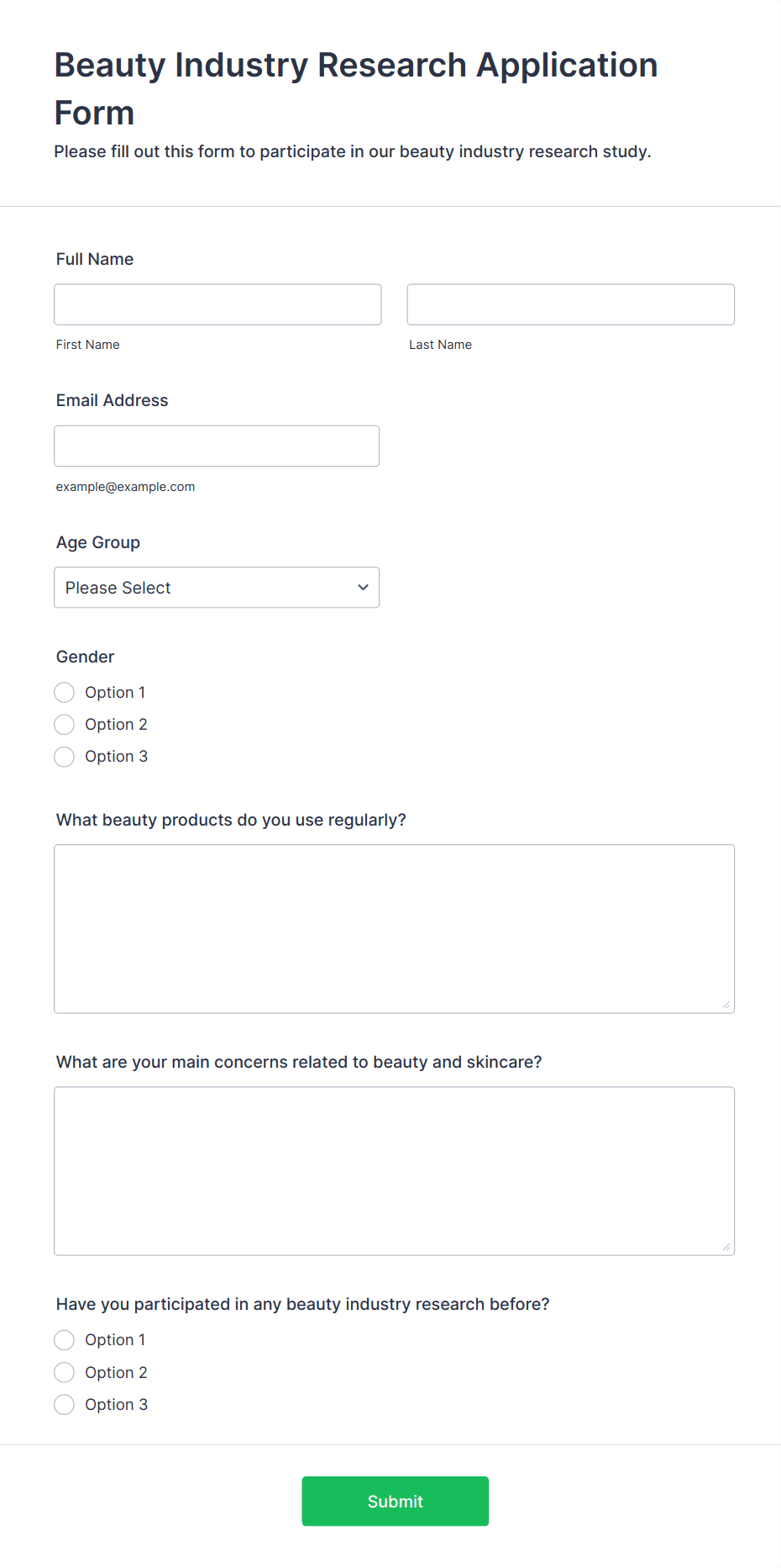Beauty Industry Research Application Form Template | Jotform