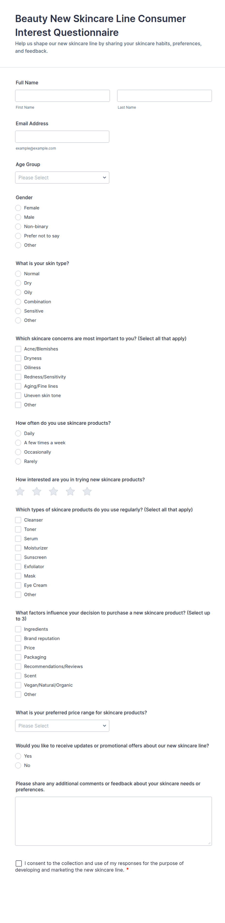 Beauty New Skincare Line Consumer Interest Questionnaire Form Template ...