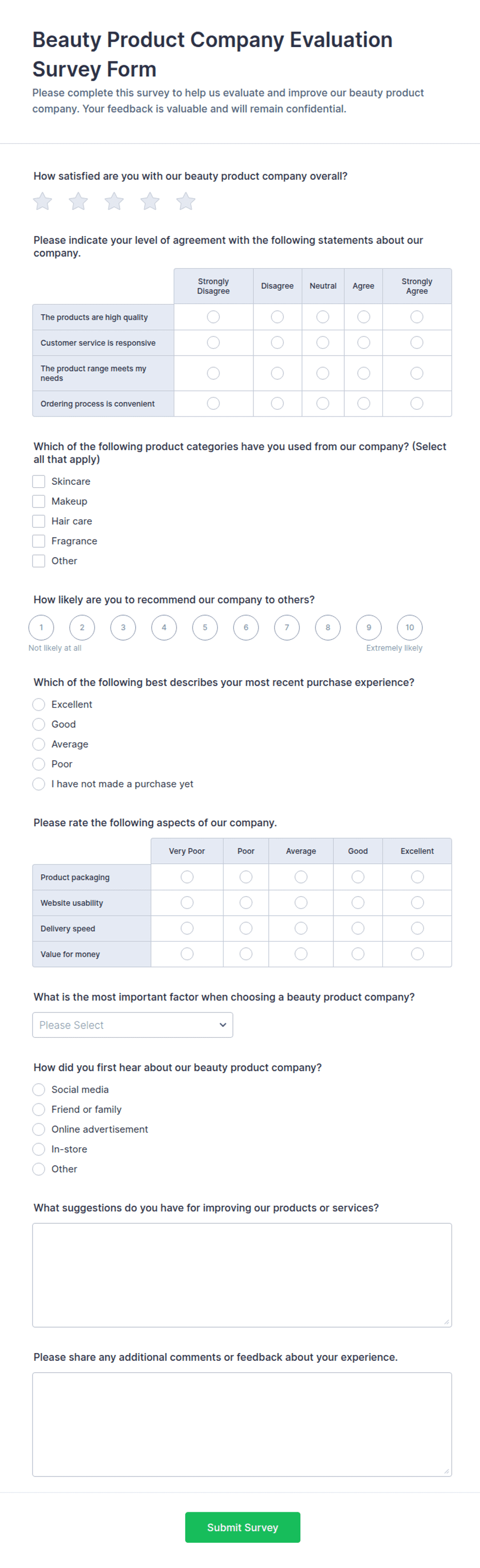 Beauty Product Company Evaluation Survey Form Template | Jotform