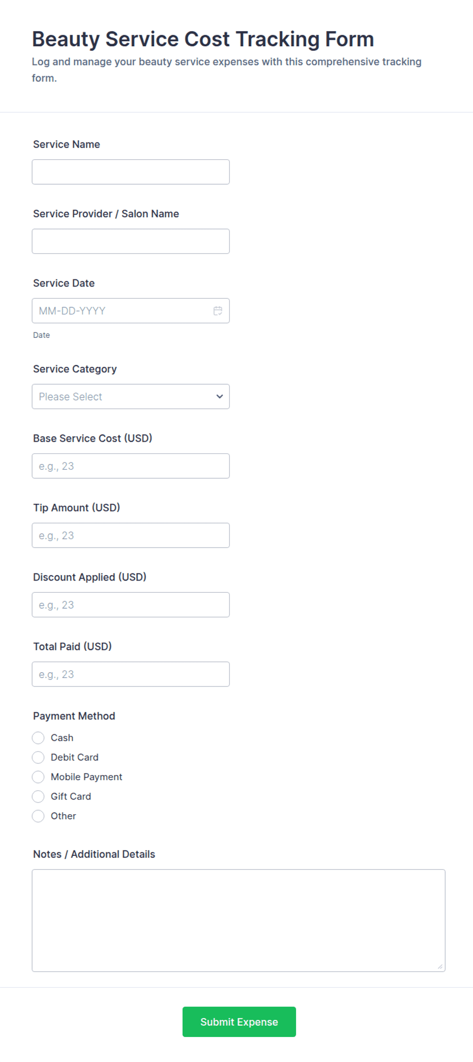 Beauty Service Cost Tracking Form Template | Jotform