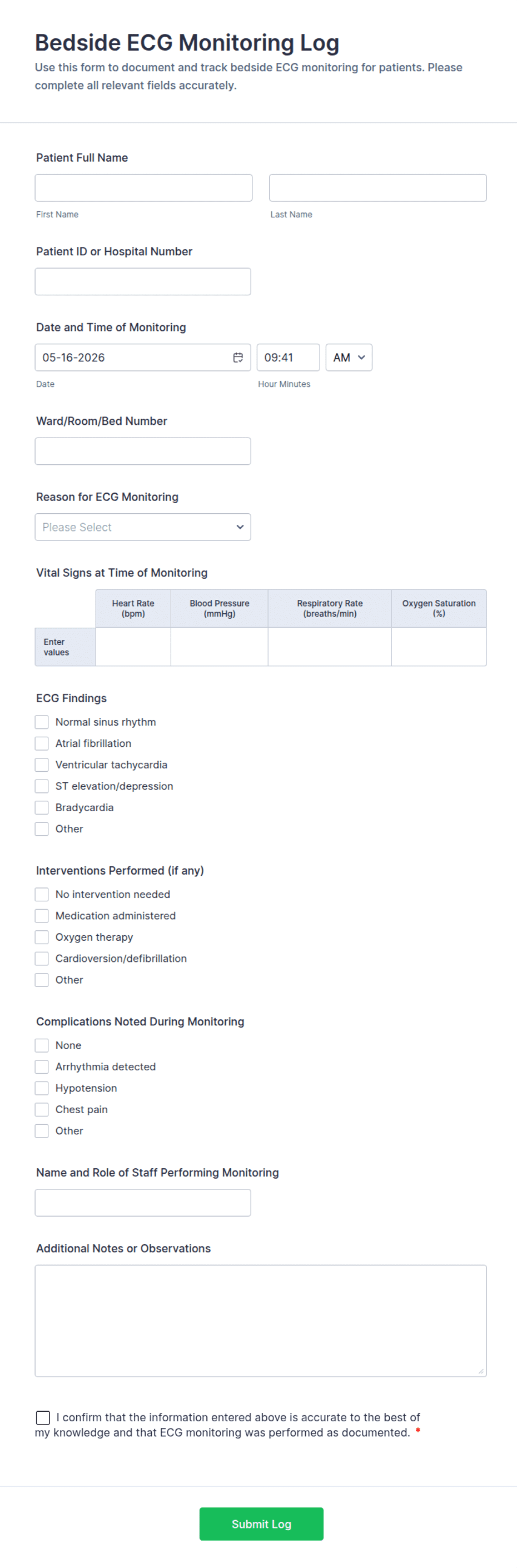 Bedside ECG Monitoring Log Form Template | Jotform