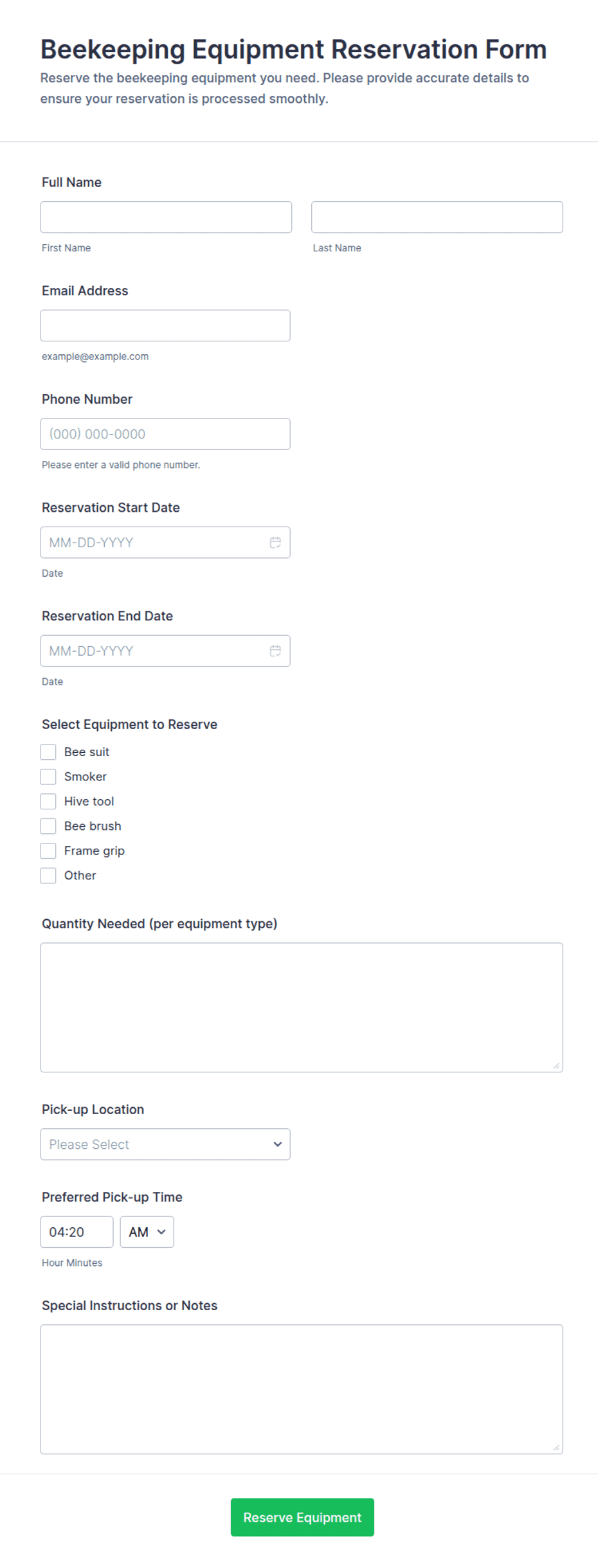 Beekeeping Equipment Reservation Form Template | Jotform