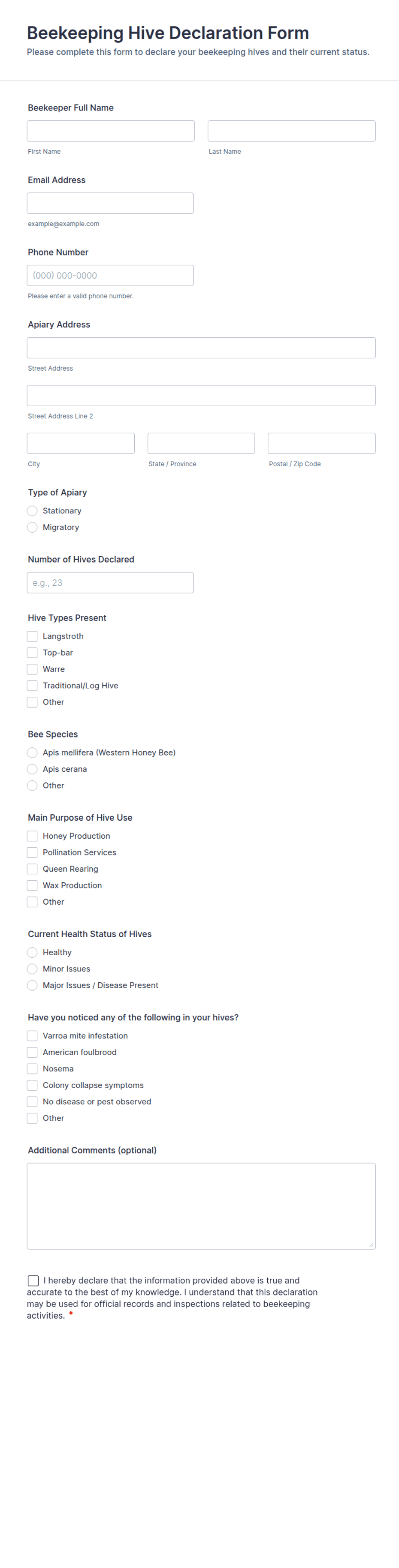 Beekeeping Hive Declaration Form Template | Jotform