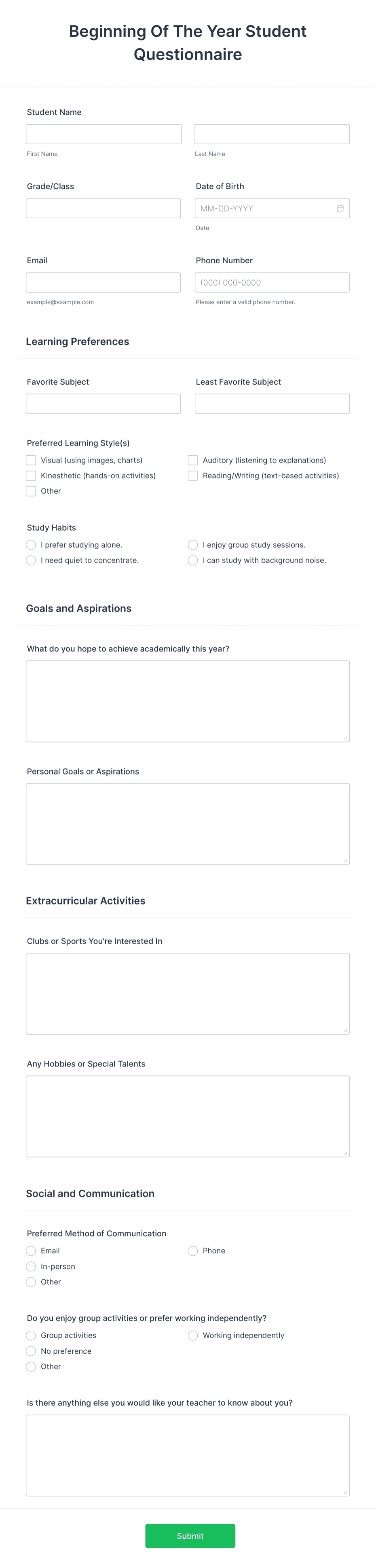 Beginning Of The Year Student Questionnaire Form Template | Jotform