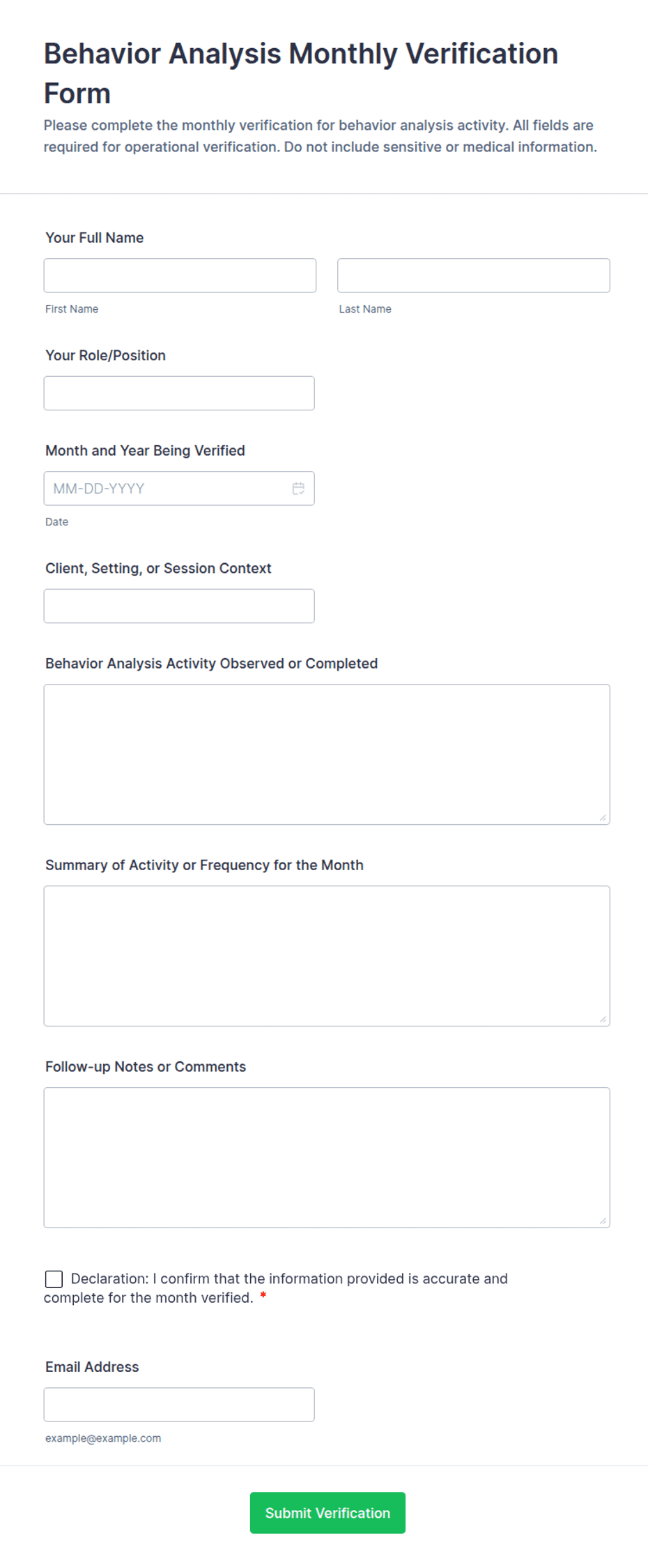 Behavior Analysis Monthly Verification Form Template | Jotform