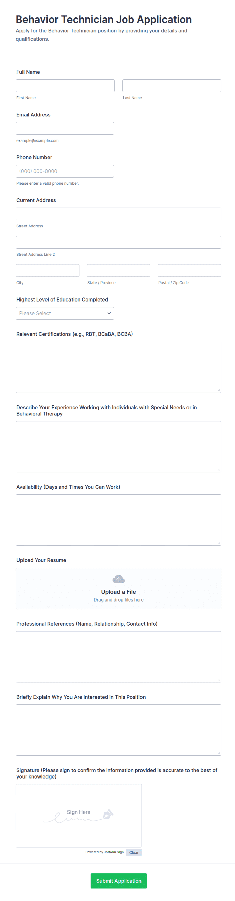 Behavior Technician Job Application Form Template | Jotform