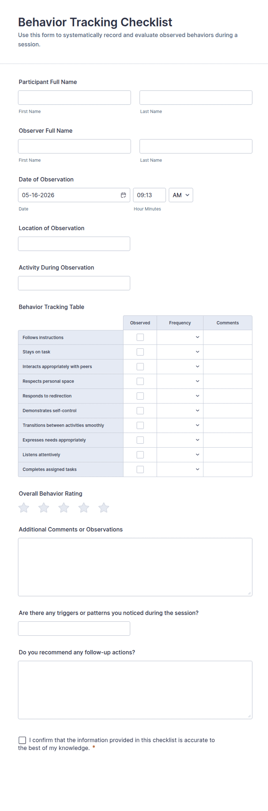 Behavior Tracking Checklist Form Template | Jotform