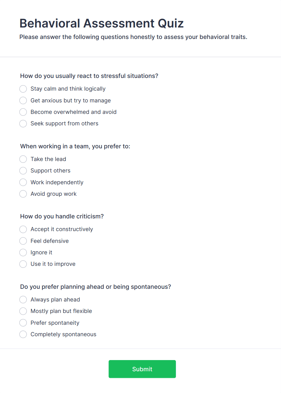 Behavioral Assessment Quiz Form Template | Jotform