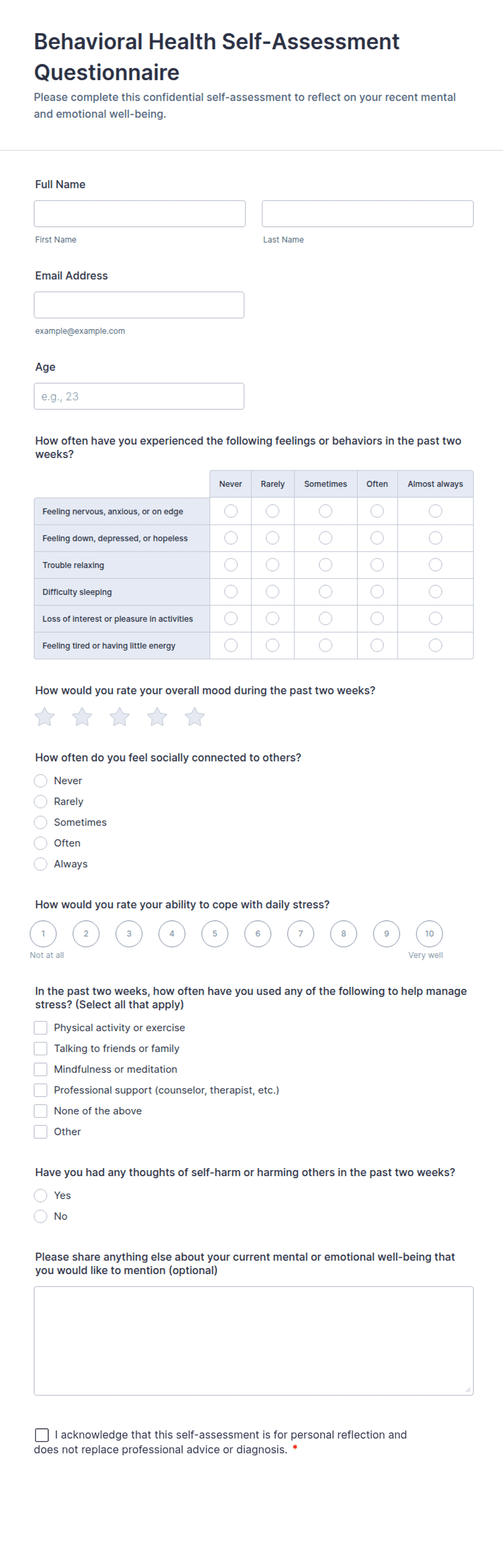 Behavioral Health Self-Assessment Questionnaire Form Template | Jotform
