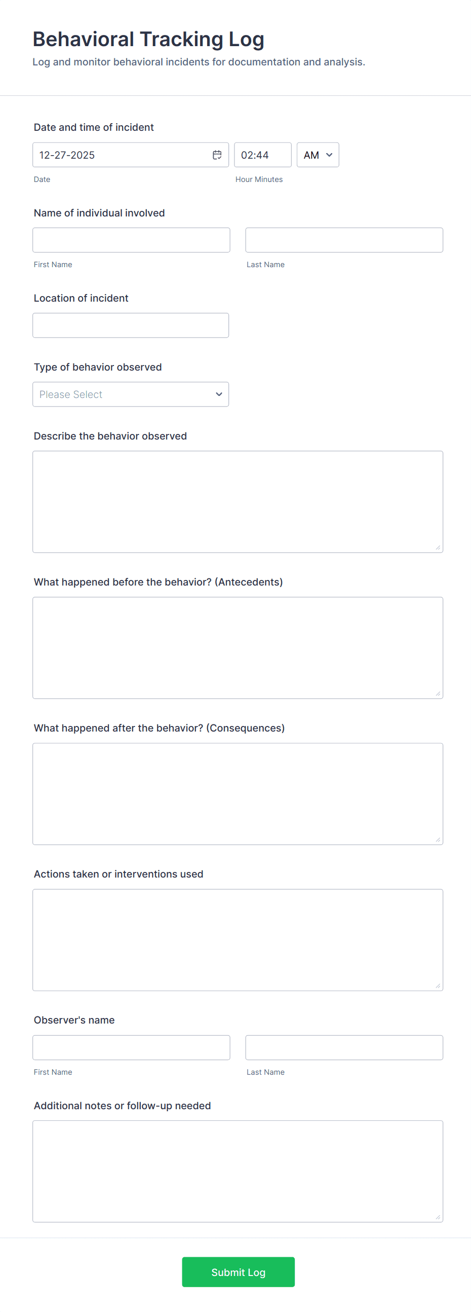 Behavioral Tracking Log Form Template | Jotform