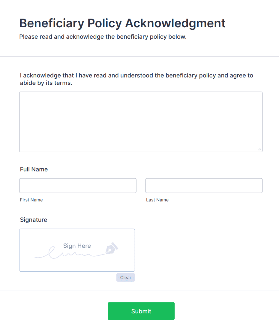 Beneficiary Policy Acknowledgment Form Template | Jotform