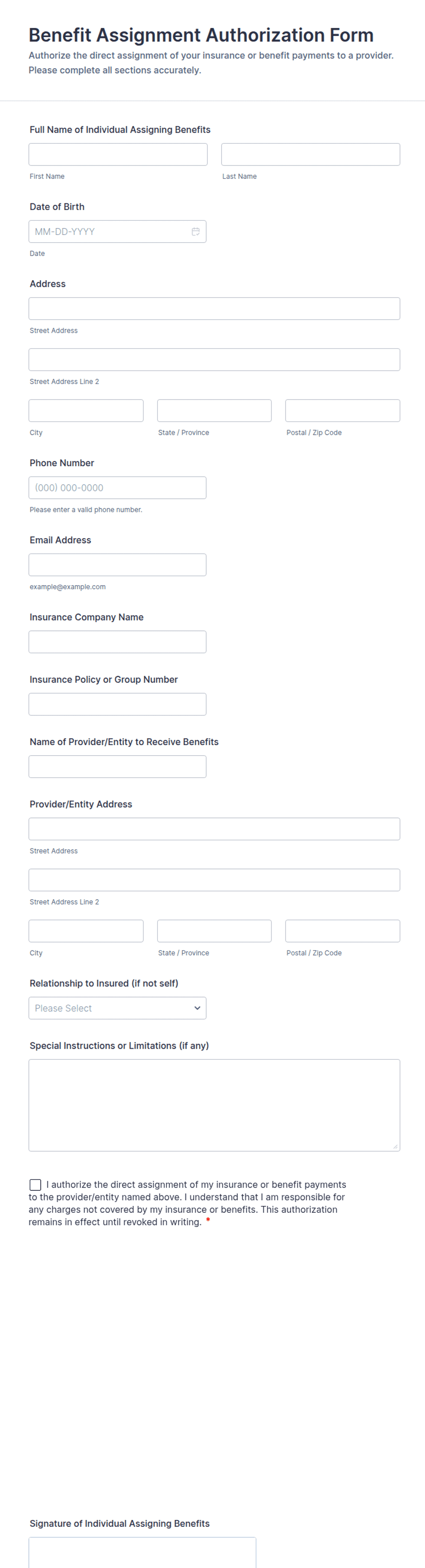 Benefit Assignment Authorization Form Template | Jotform
