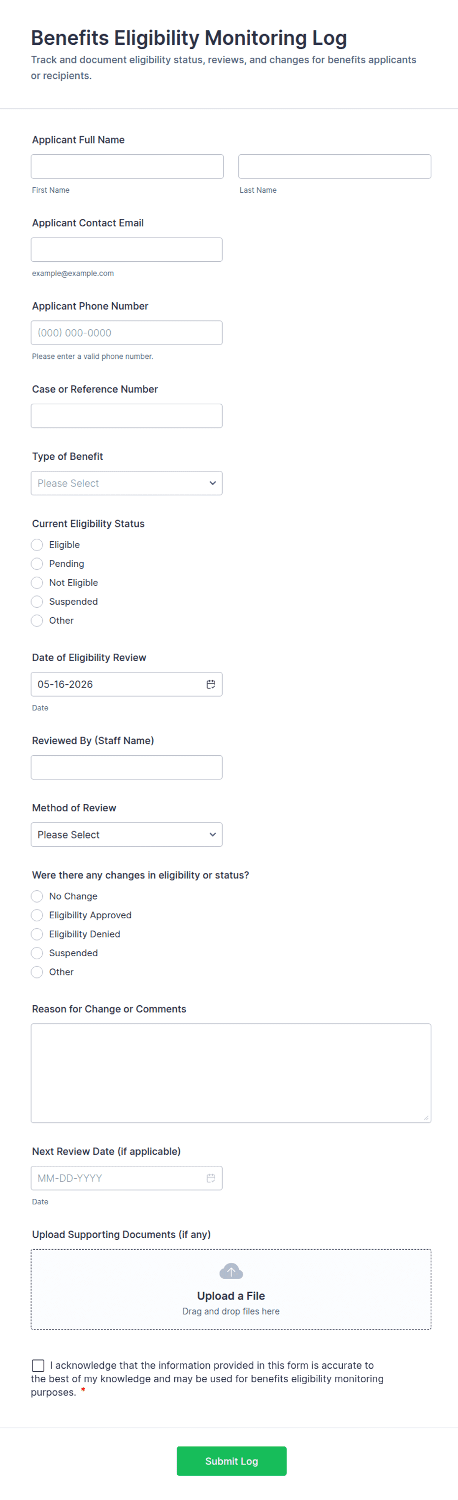 Benefits Eligibility Monitoring Log Form Template | Jotform