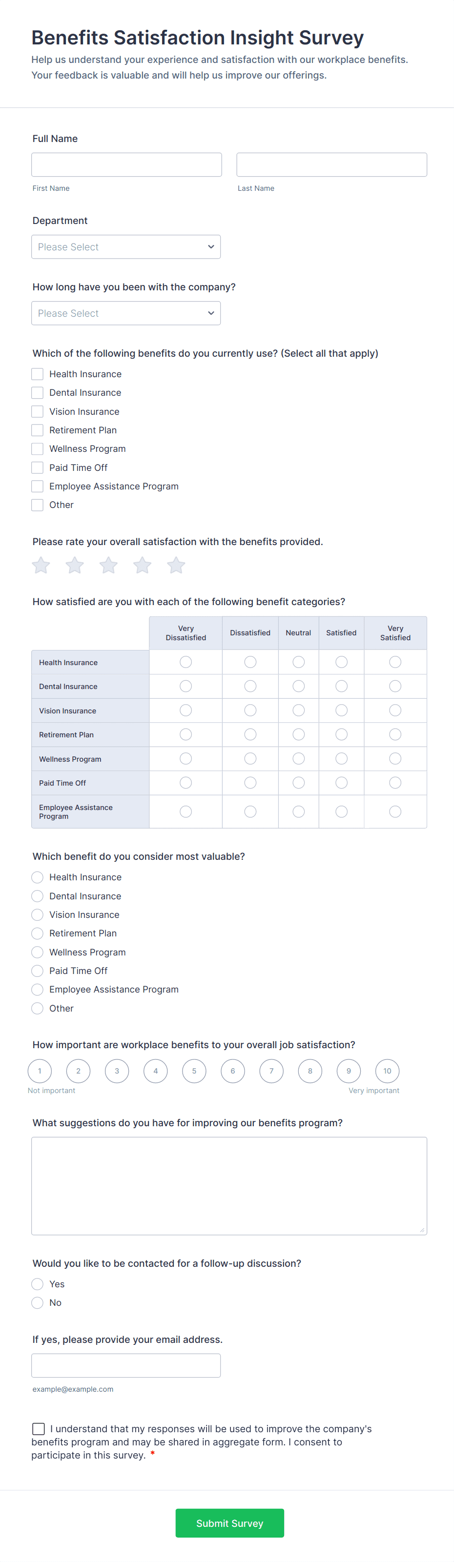 Benefits Satisfaction Insight Survey Form Template | Jotform