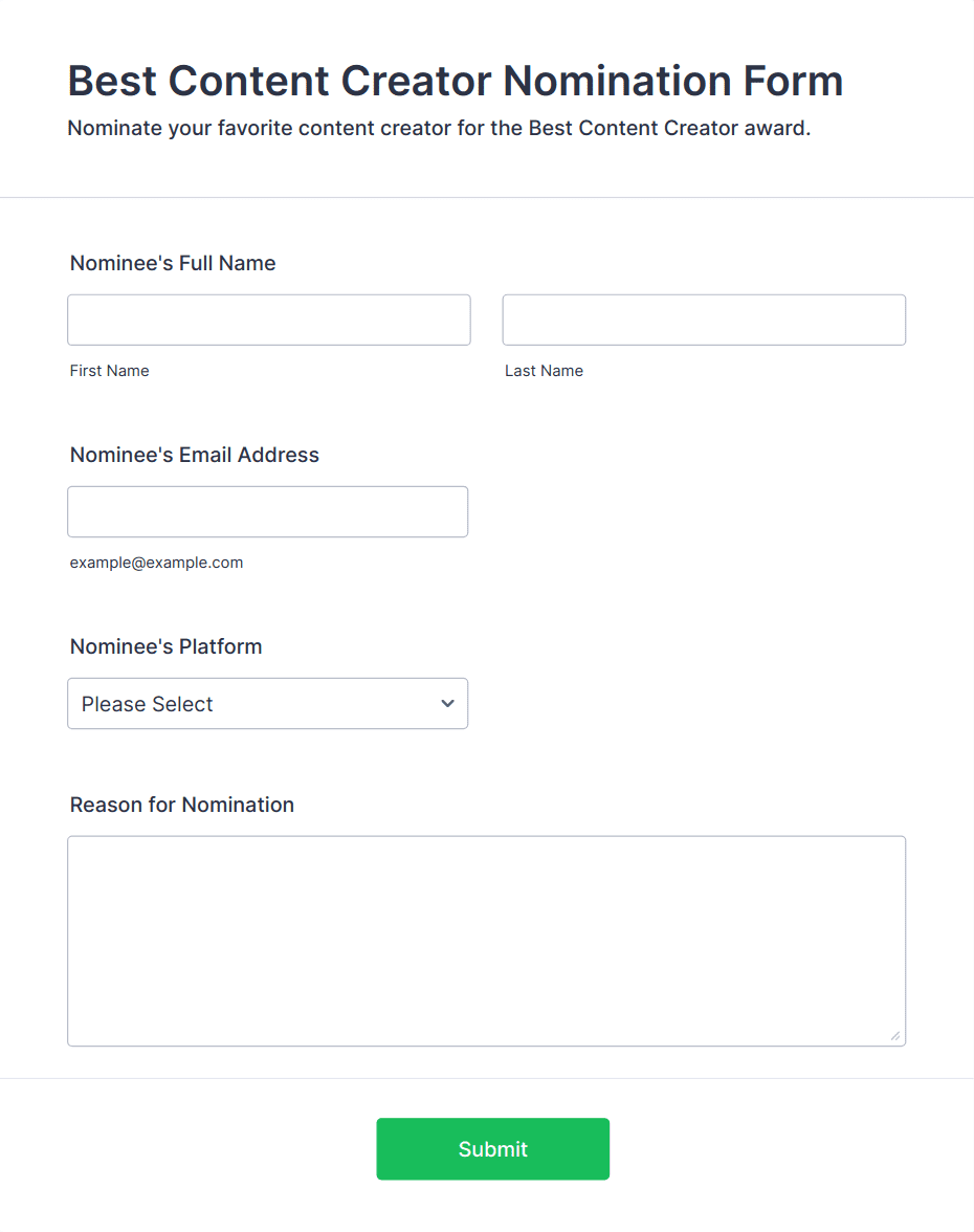 Best Content Creator Nomination Form Template | Jotform