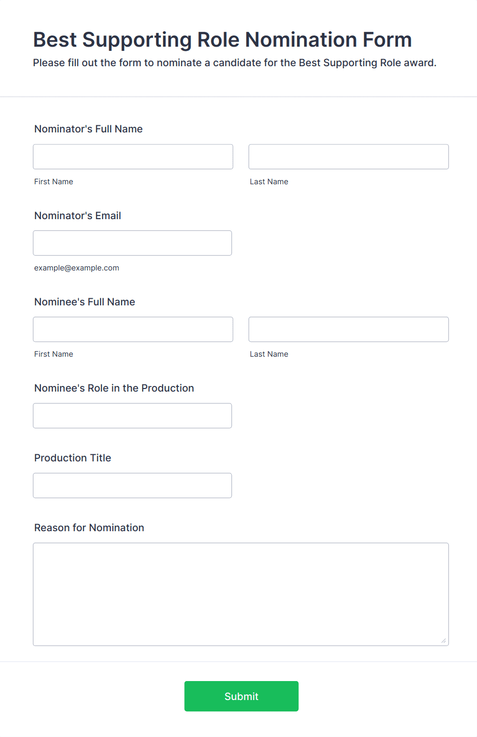 Best Supporting Role Nomination Form Template | Jotform