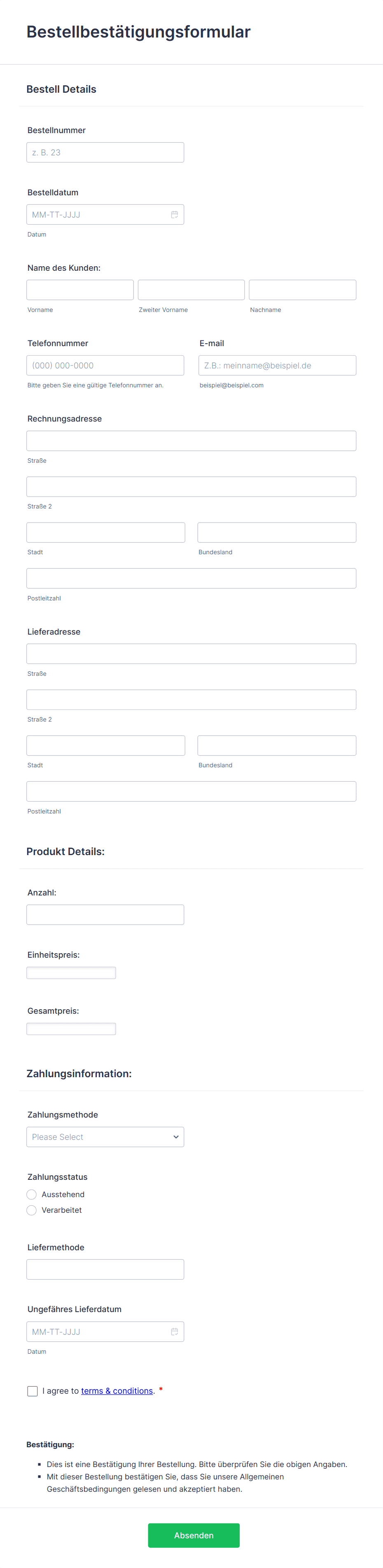 Bestellbestätigungsformular Formularvorlage | Jotform