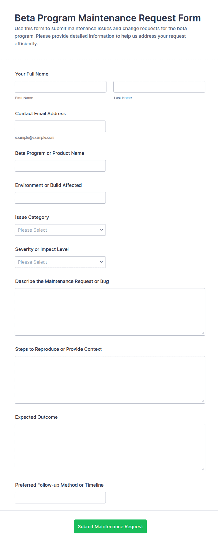 Beta Program Maintenance Request Form Template | Jotform