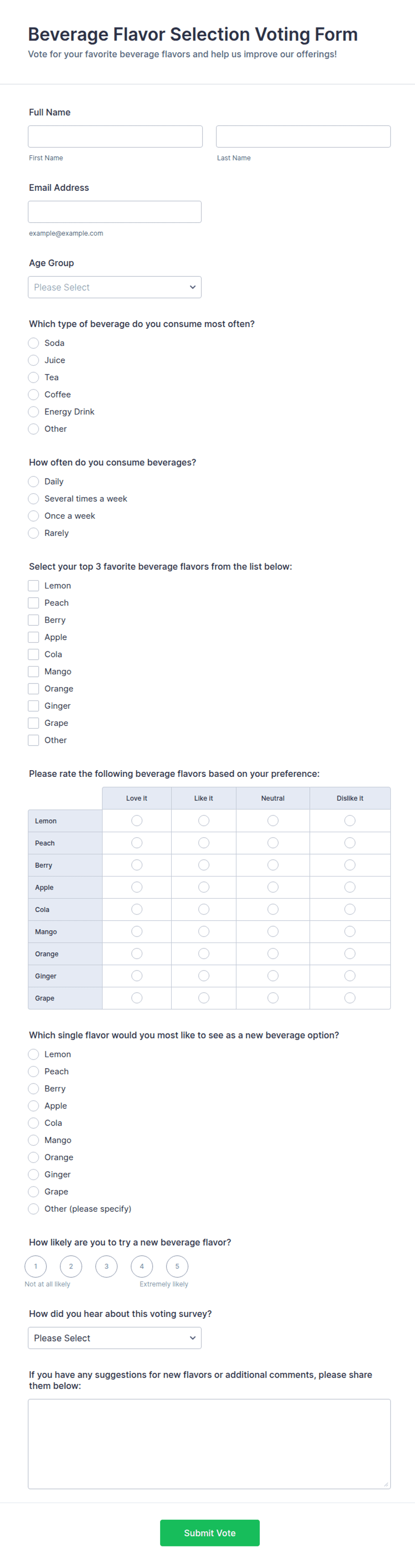 Beverage Flavor Selection Voting Form Template | Jotform