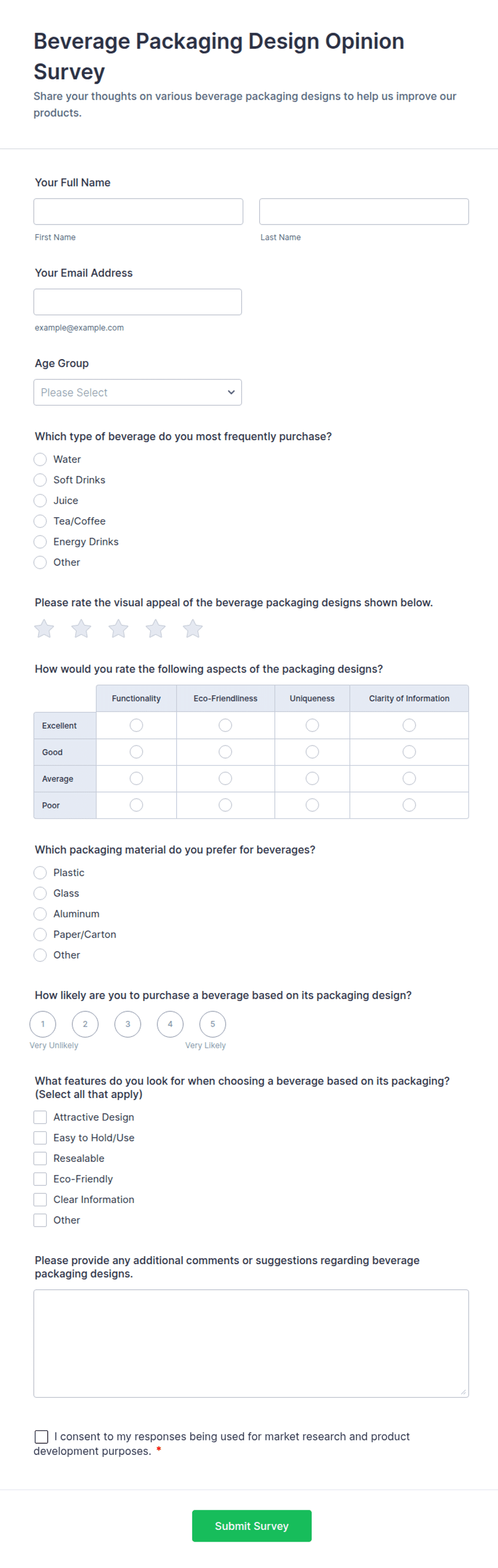 Beverage Packaging Design Opinion Survey Form Template | Jotform