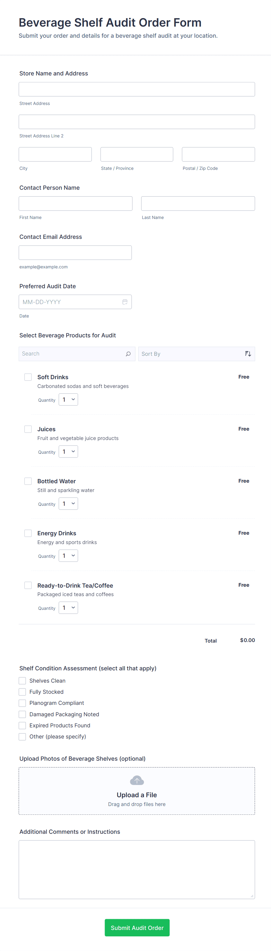 Beverage Shelf Audit Order Form Template | Jotform