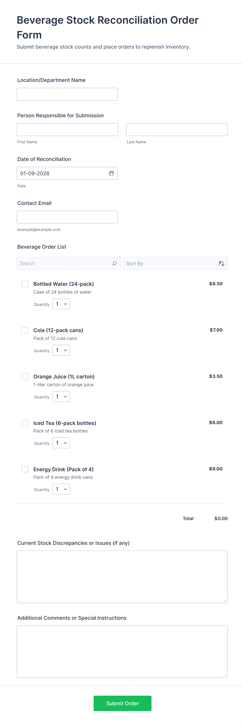Beverage Stock Reconciliation Order Form Template | Jotform