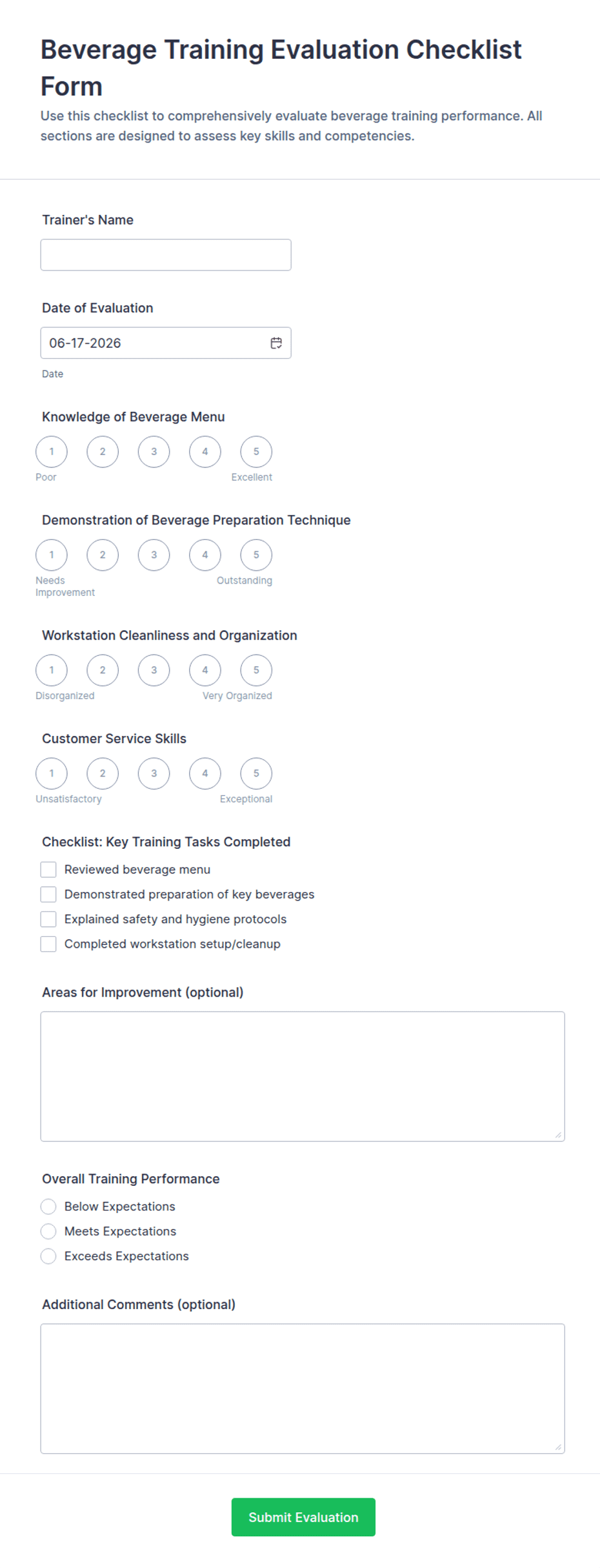Beverage Training Evaluation Checklist Form Template | Jotform