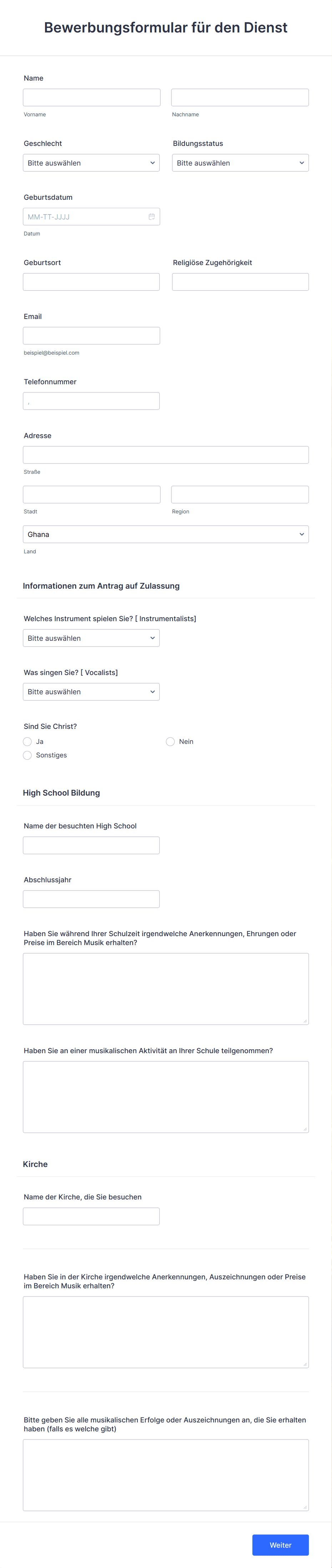 Bewerbungsformular für den Dienst Formularvorlage | Jotform