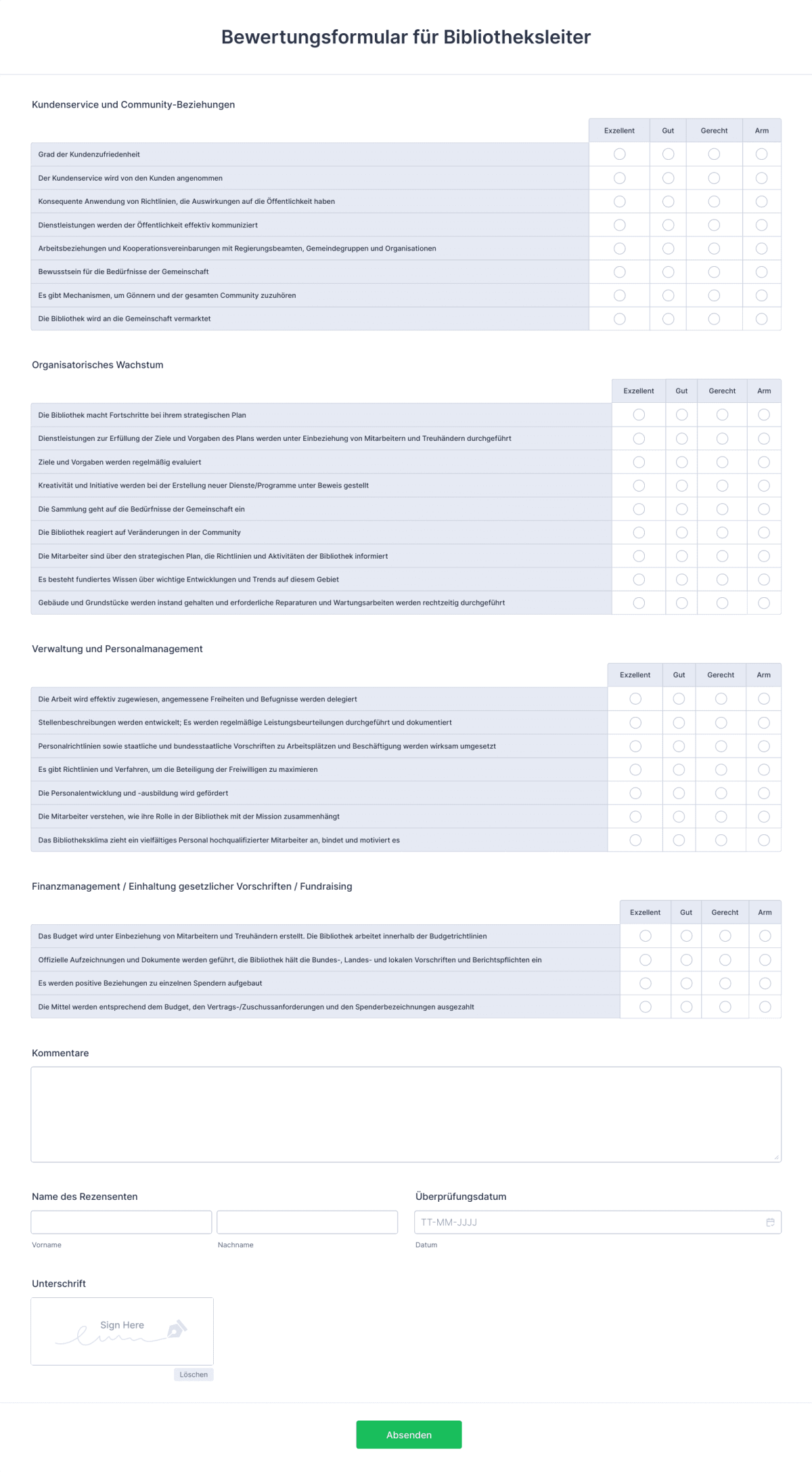 Bewertungsformular für Bibliotheksleiter Formularvorlage | Jotform