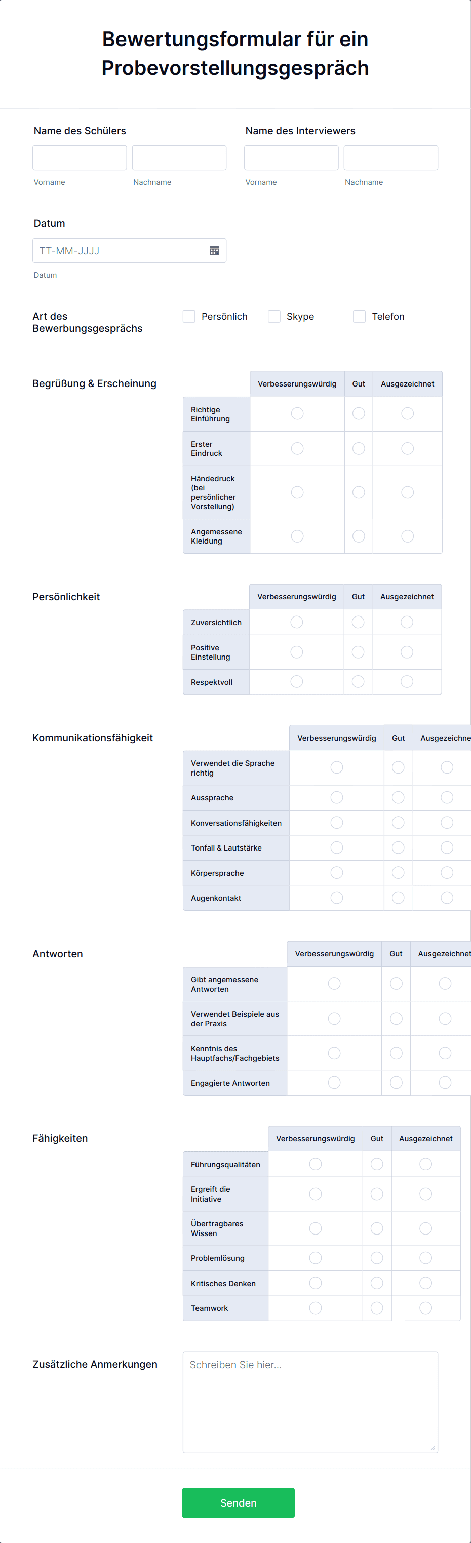 Bewertungsformular für ein Probevorstellungsgespräch Formularvorlage ...