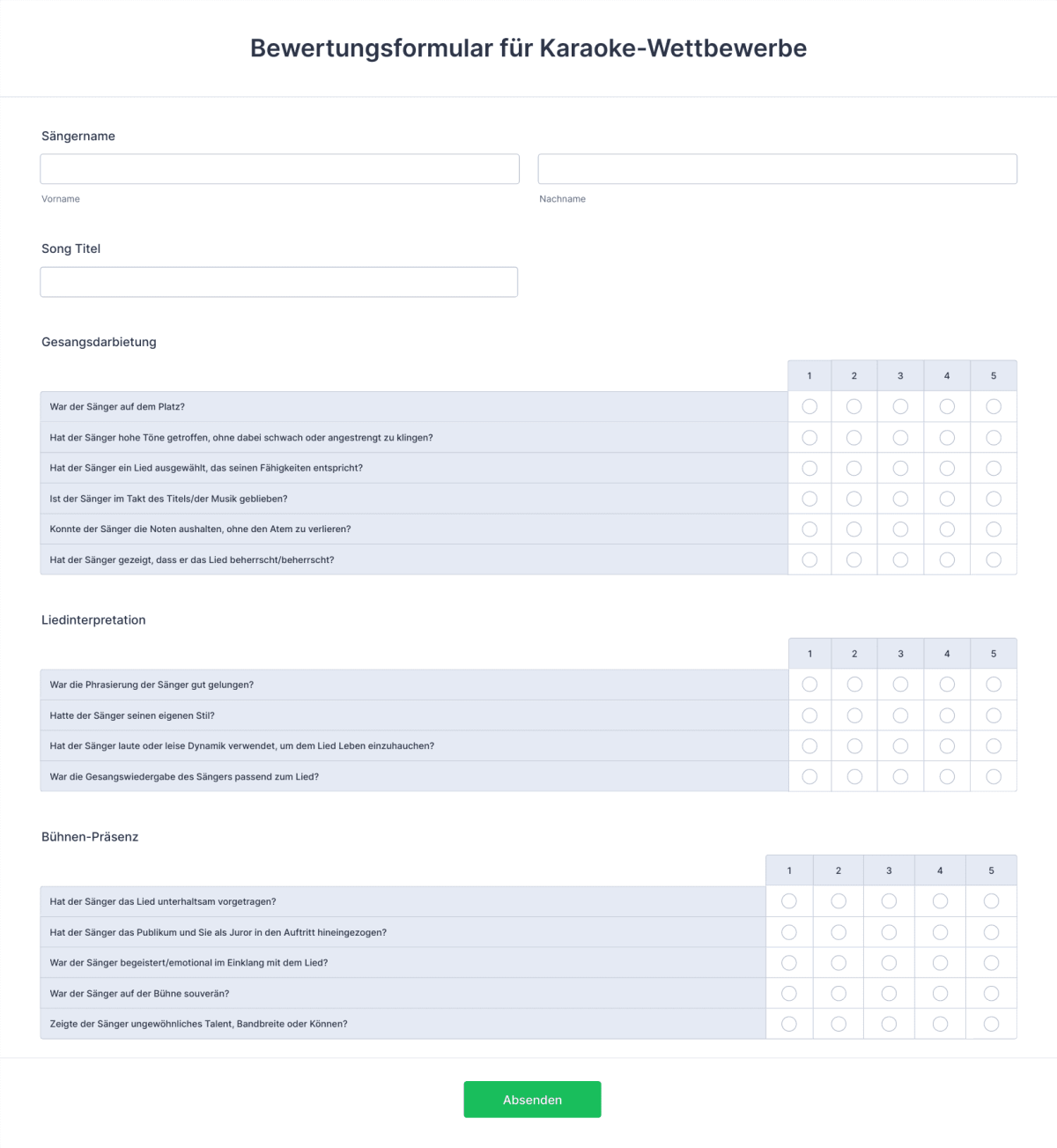 Bewertungsformular für Karaoke-Wettbewerbe Formularvorlage | Jotform