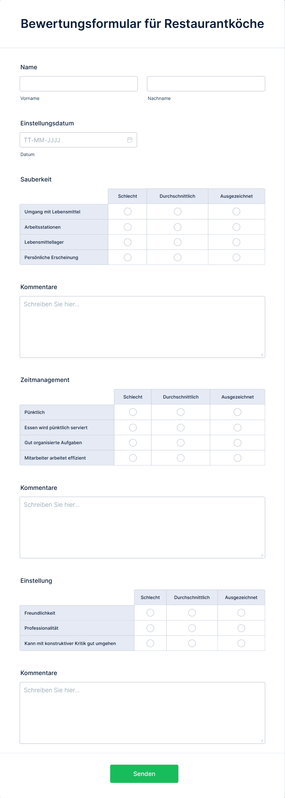 Bewertungsformular für Restaurantköche Formularvorlage | Jotform