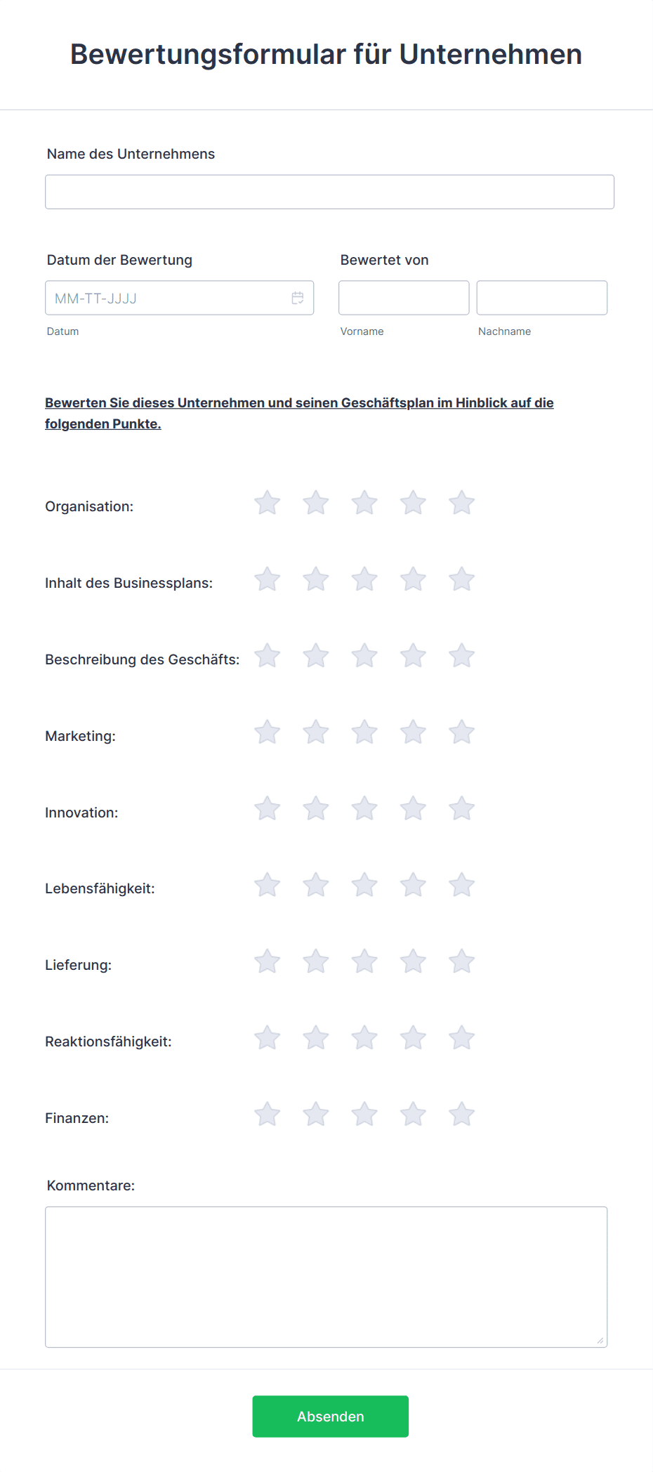 Bewertungsformular für Unternehmen Formularvorlage | Jotform