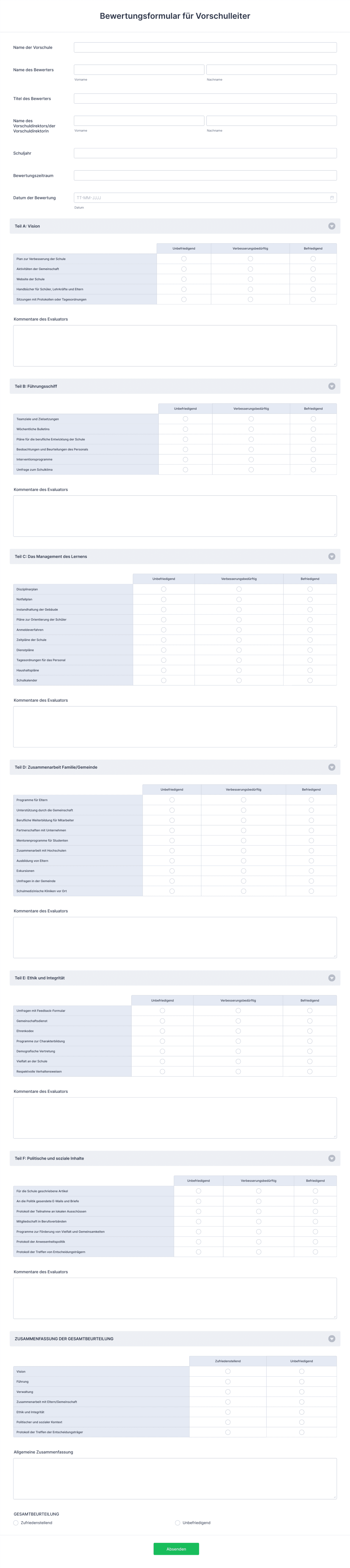 Bewertungsformular für Vorschulleiter Formularvorlage | Jotform