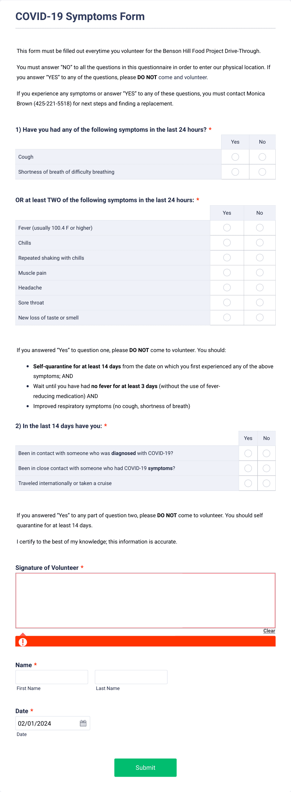 BHFP COVID-19 Symptoms Form Template | Jotform
