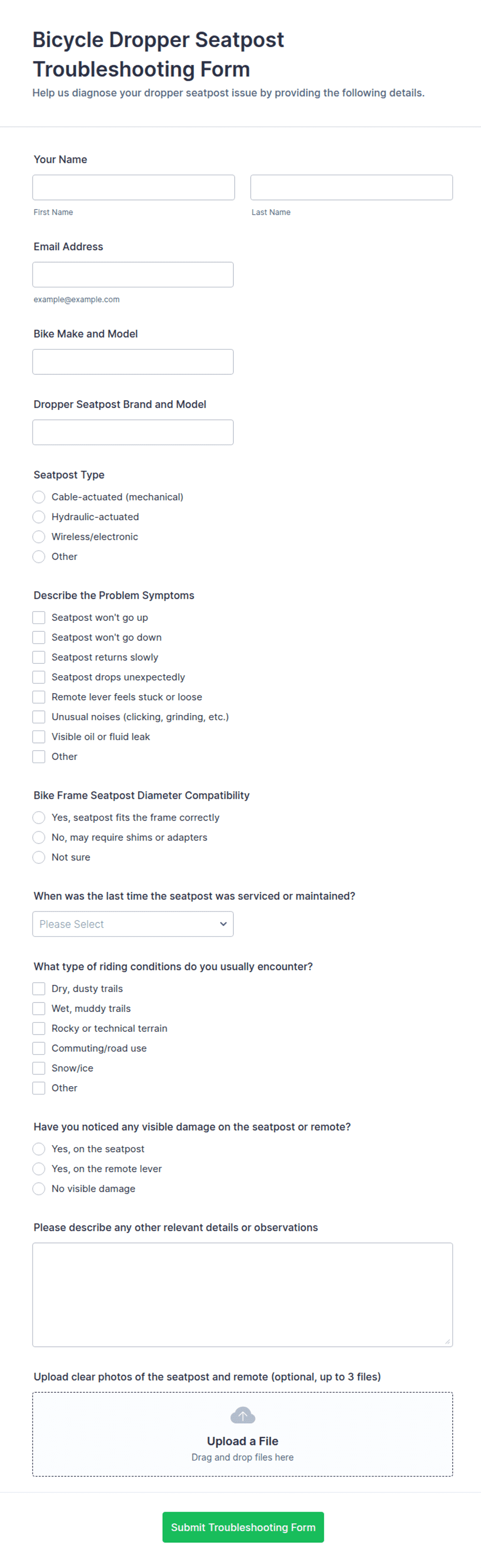 Bicycle Dropper Seatpost Troubleshooting Form Template | Jotform