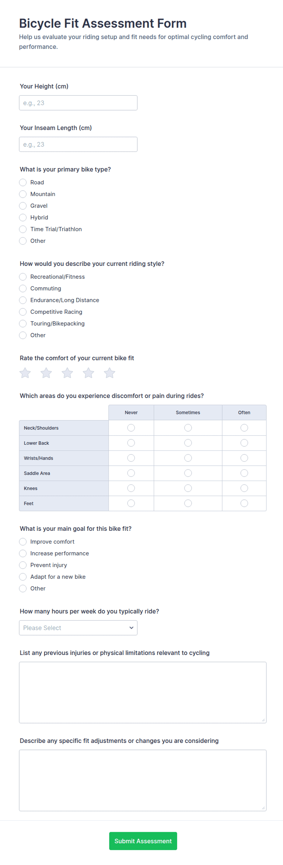 Bicycle Fit Assessment Form Template | Jotform