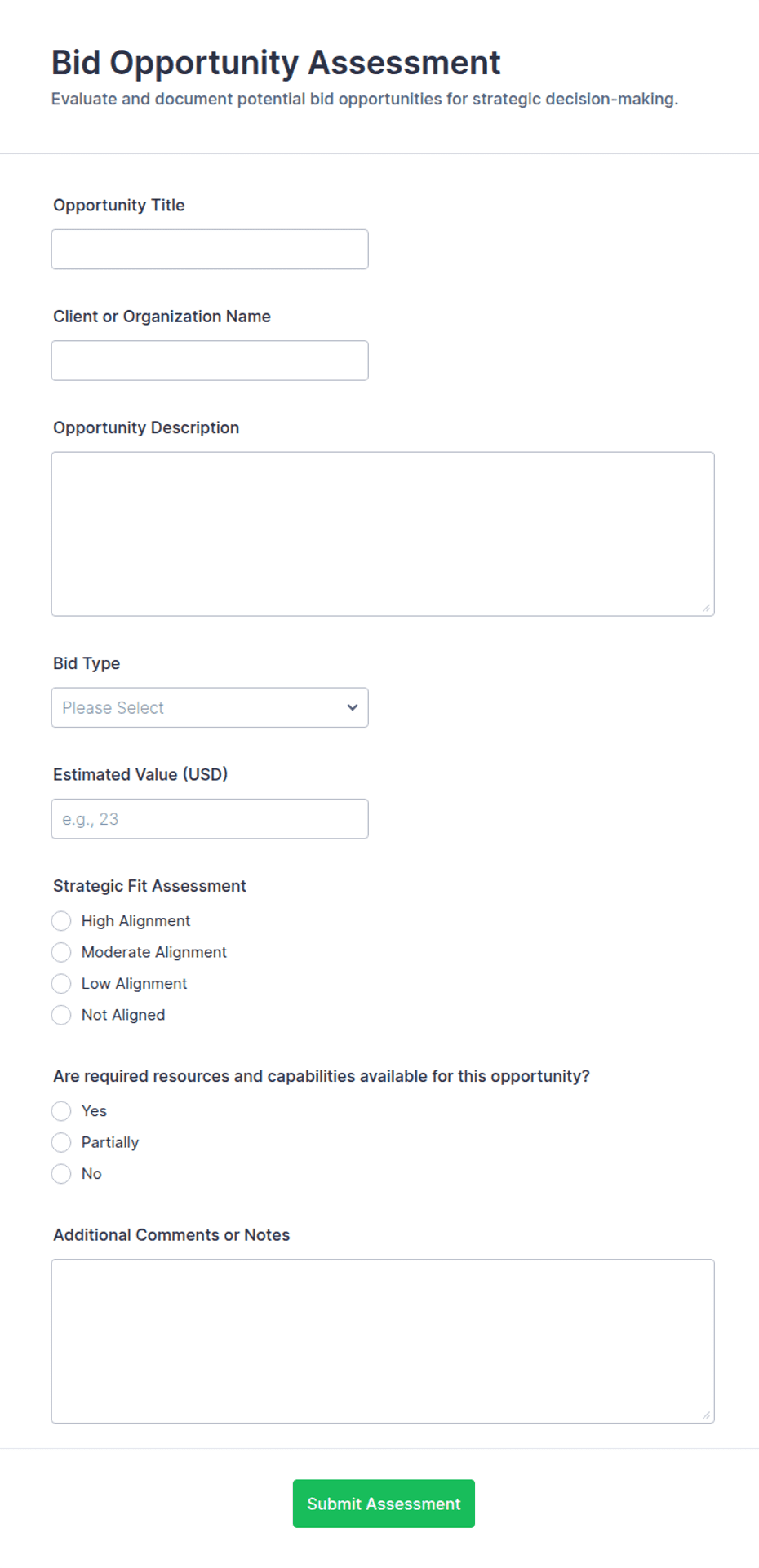 Bid Opportunity Assessment Form Template | Jotform