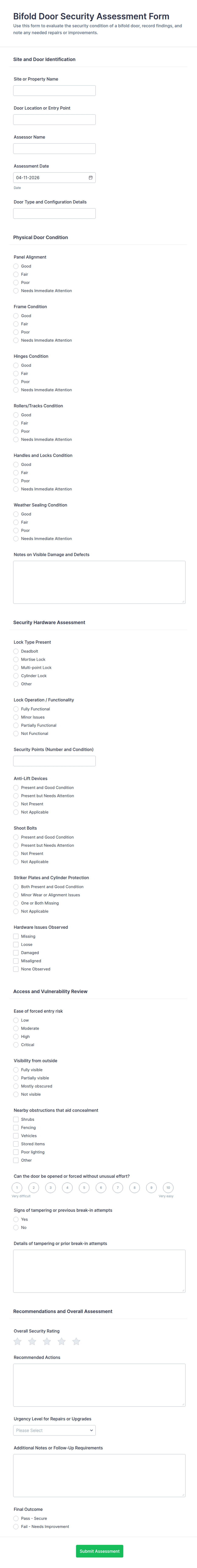 Bifold Door Security Assessment Form Template | Jotform