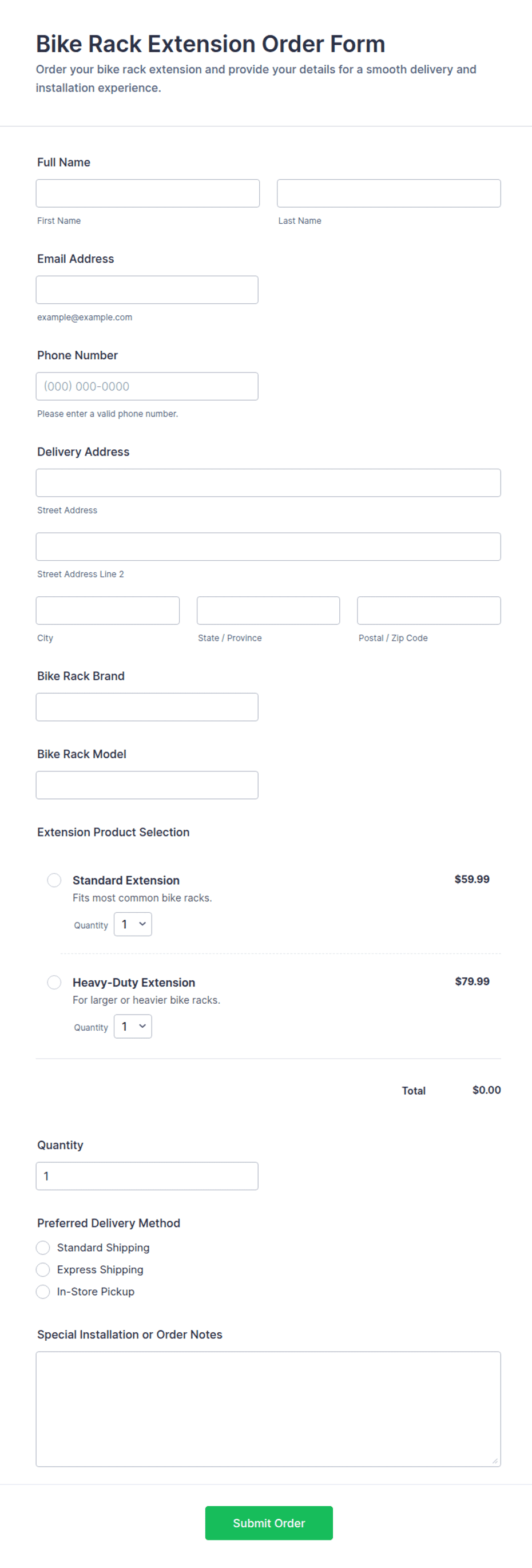 Bike Rack Extension Order Form Template | Jotform