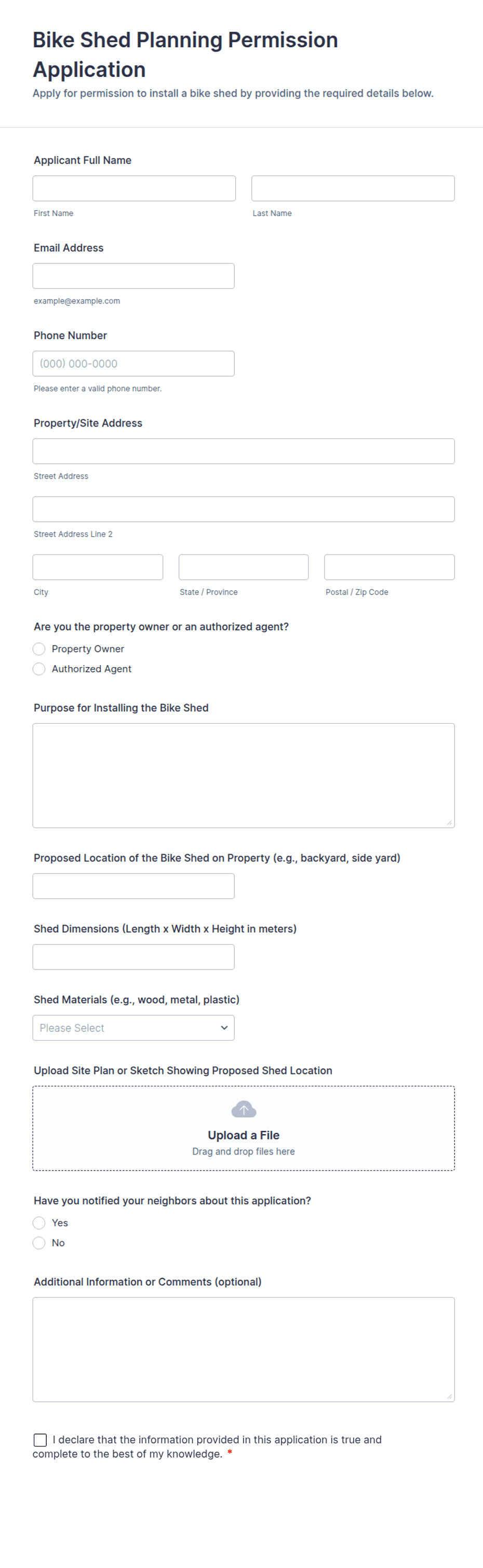 Bike Shed Planning Permission Application Form Template | Jotform