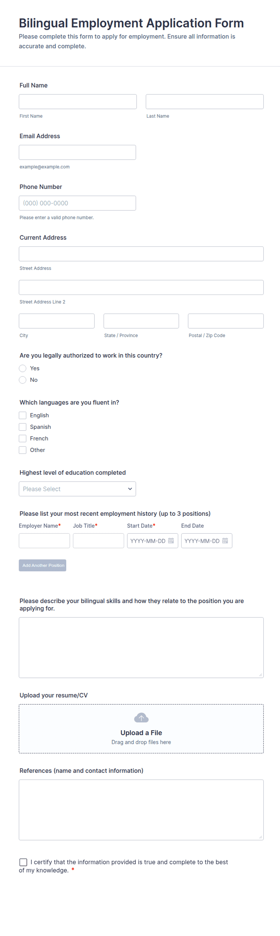 Bilingual Employment Application Form Template | Jotform