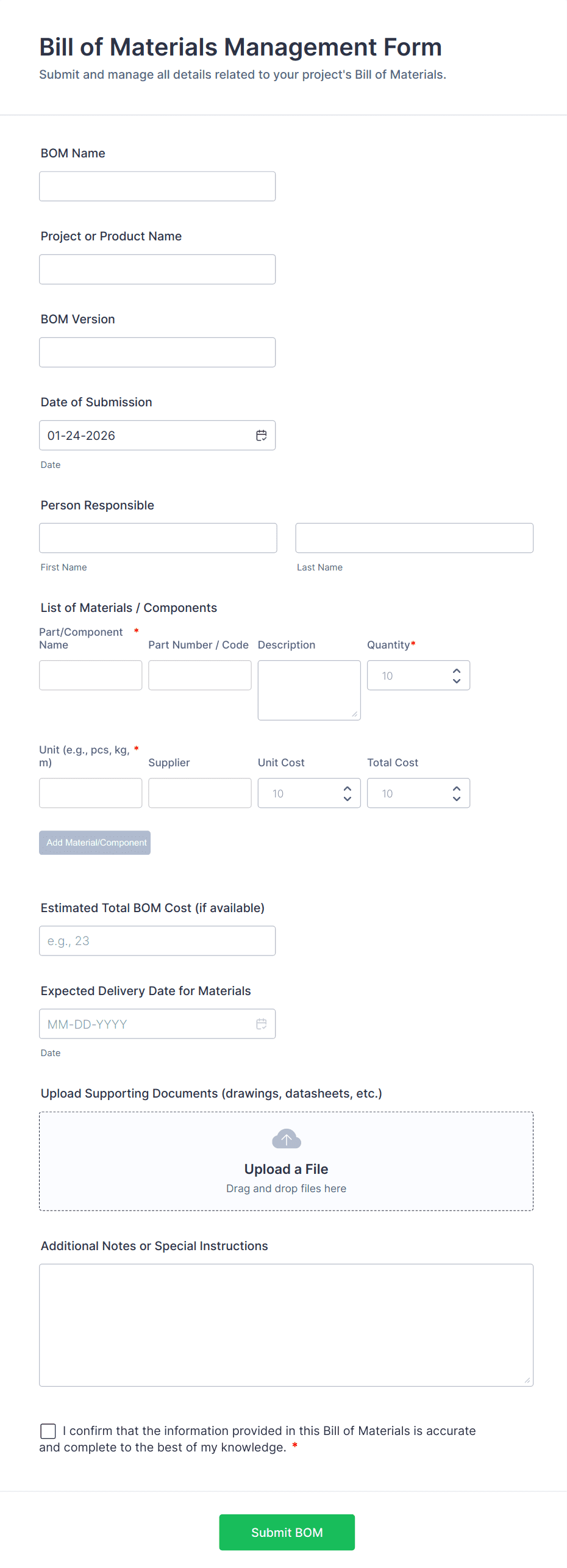 Bill of Materials Management Form Form Template | Jotform