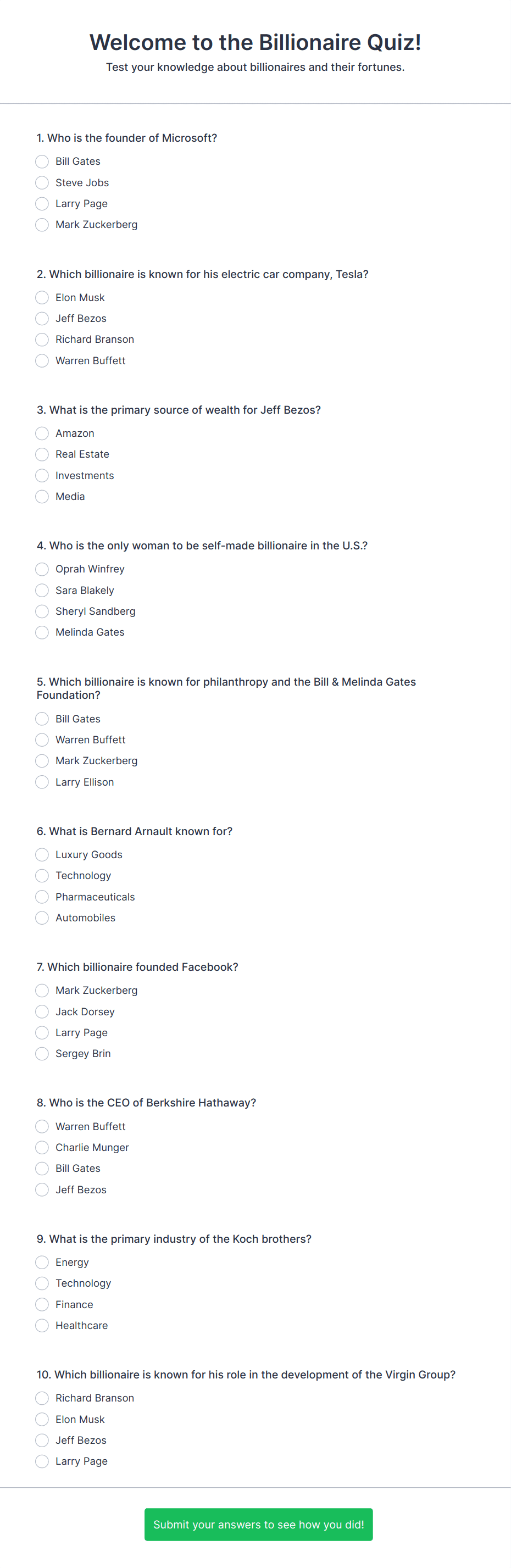 Billionaire Quiz Form Template | Jotform