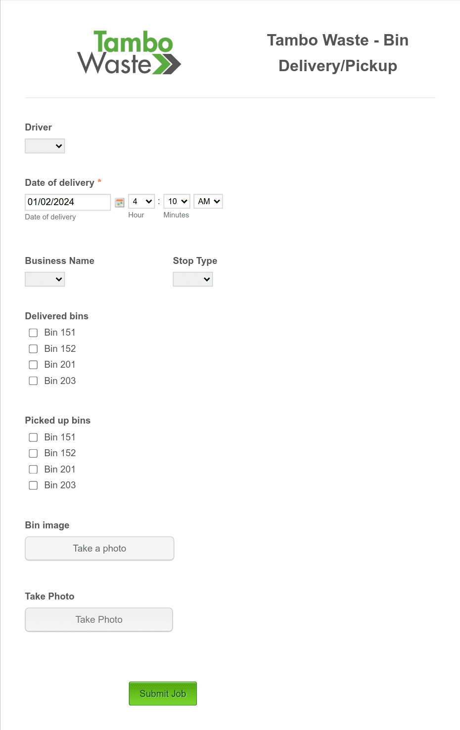Bin Delivery Tracking Form Template | Jotform