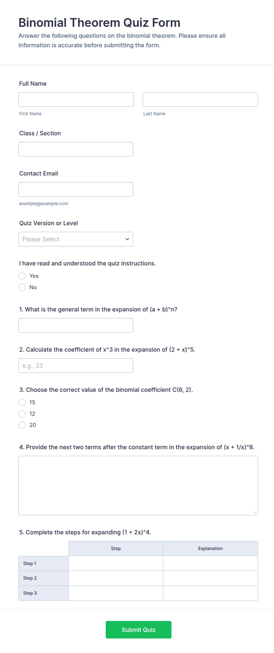 Binomial Theorem Quiz Form Template | Jotform