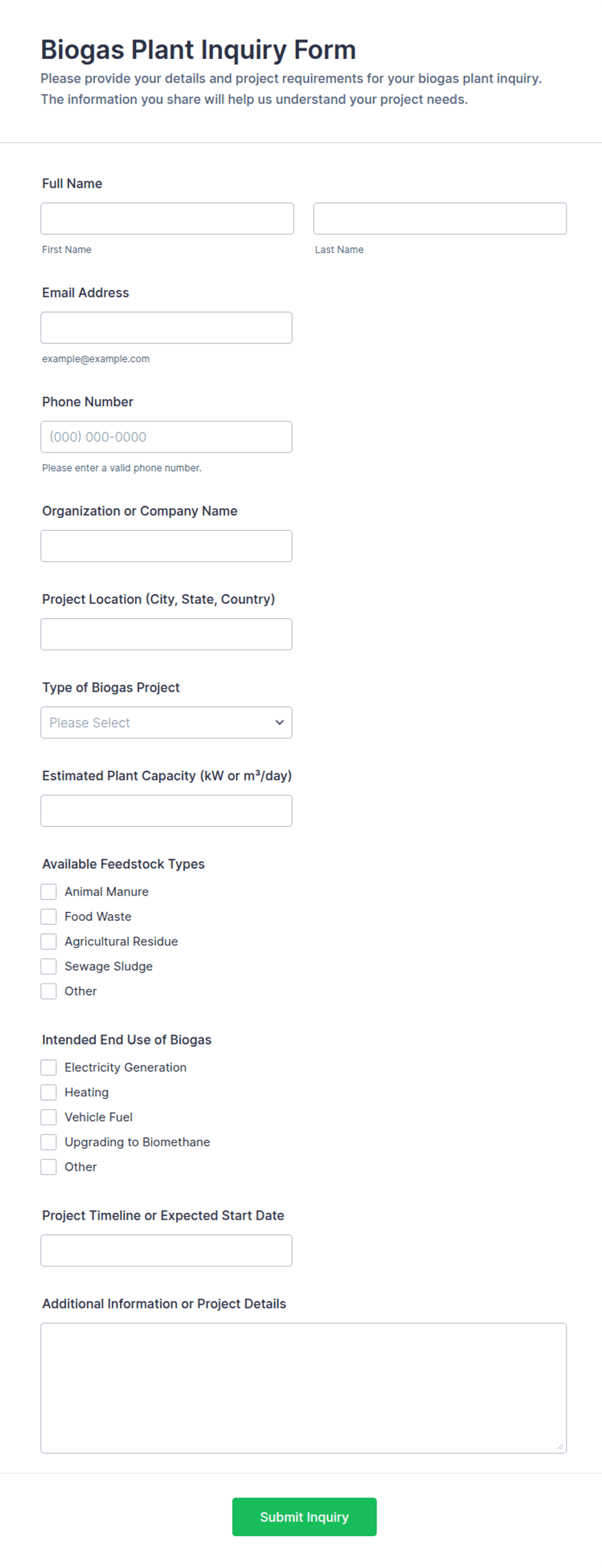 Biogas Plant Inquiry Form Template | Jotform