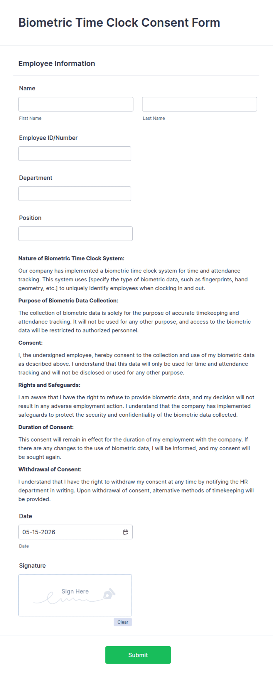 Biometric Time Clock Consent Form Template Jotform Biometric Time Clock Consent Form Template Jotform